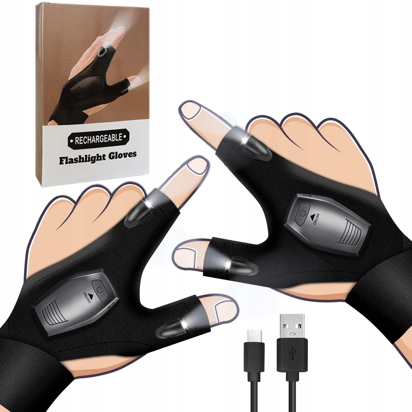 2×GLOVES FLASHLIGHT LED WATERPROOF WORKSHOP GLOVES MECHANIC FISHING ...