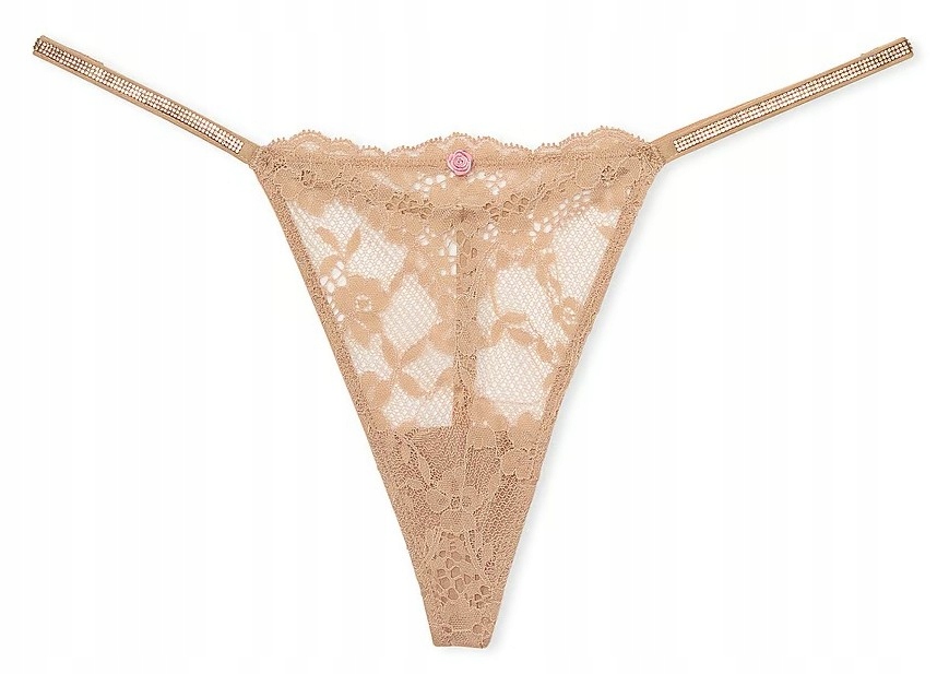 Stringi koronkowe Victoria's Secret z błyszczącymi cyrkoniami beżowe S ...