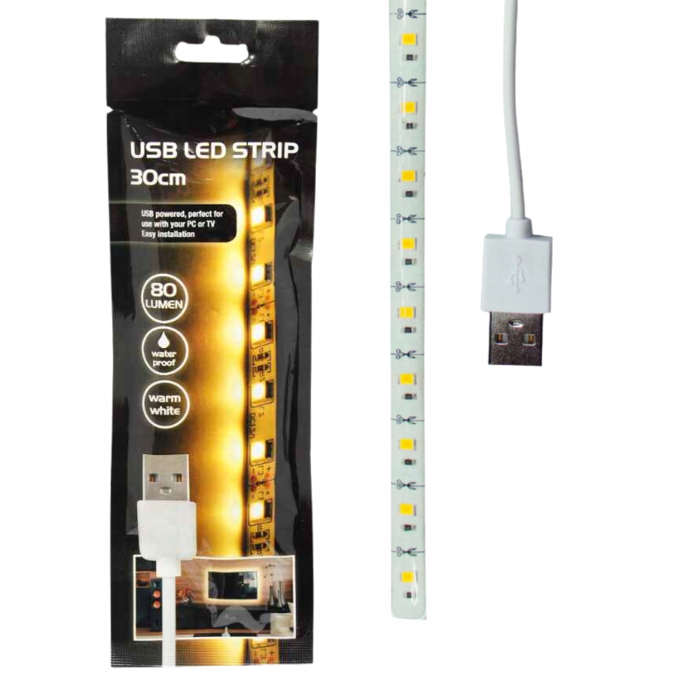 TAŚMA LED USB CIEPŁA 30CM WODOODPORNA SAMOPRZYLEPNA DO TELEWIZORA ...