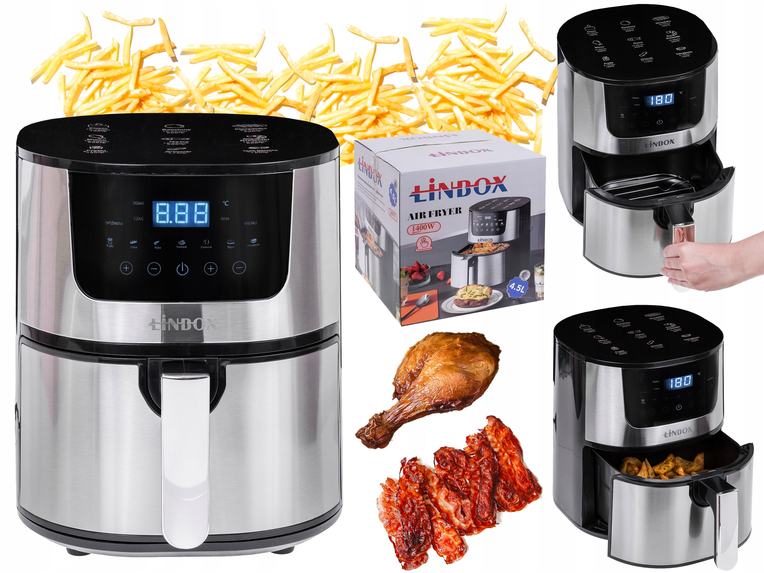 FRYTKOWNICA BEZTŁUSZCZOWA AIR FRYER LINBOX POLSKIE MENU INOX CZARNA - Sklep, Opinie, Cena w Allegro
