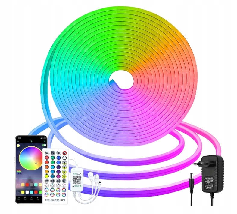 NEONOWA TAŚMA LED 10 m – RGB 24V – Z Pilotem Aplikacją Wodoodporność ...