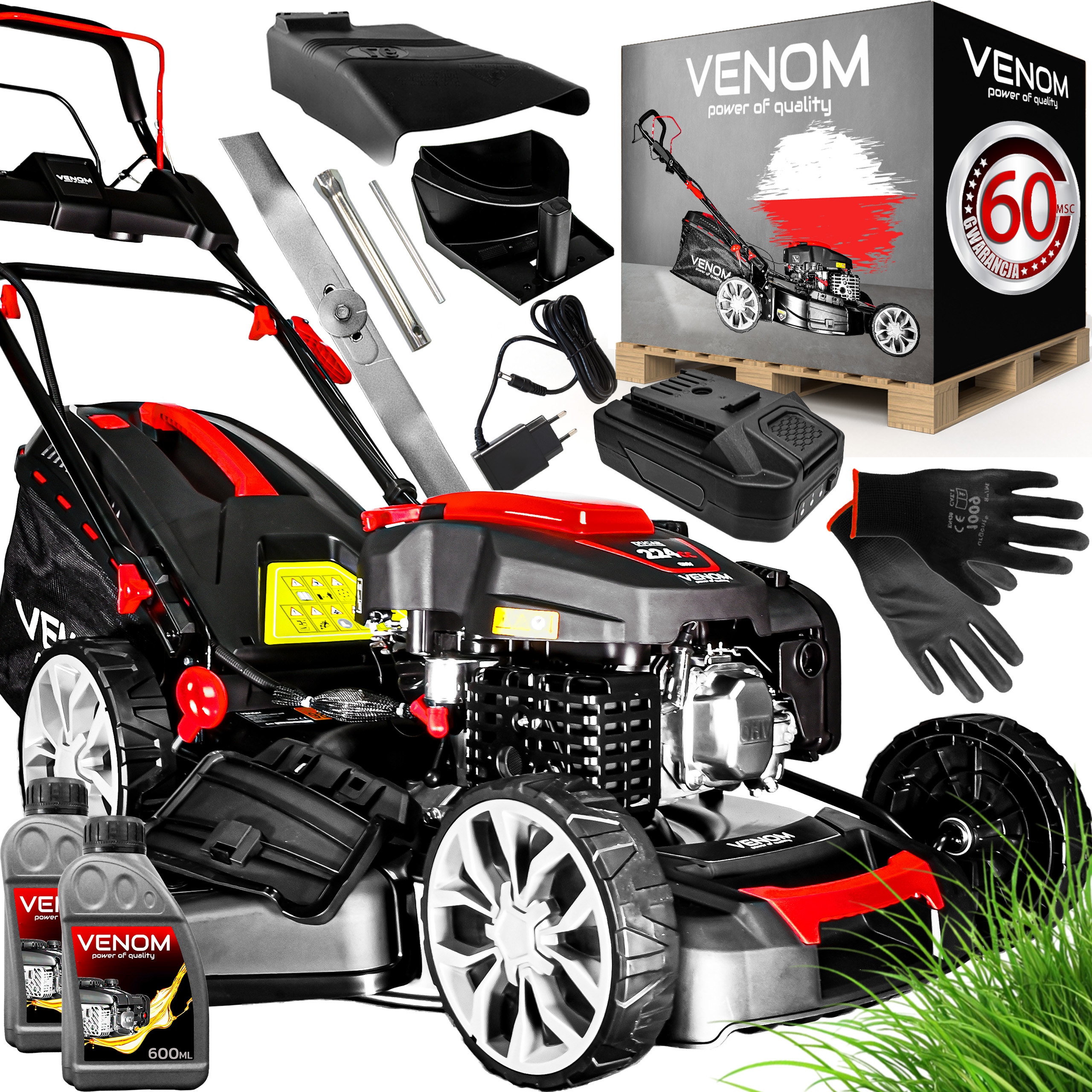 BENZINES FŰNYÍRÓ 56CM HAJTÁS ÉS ELEKTROMOS INDÍTÓ VENOM 224CM PRO SZETT ...