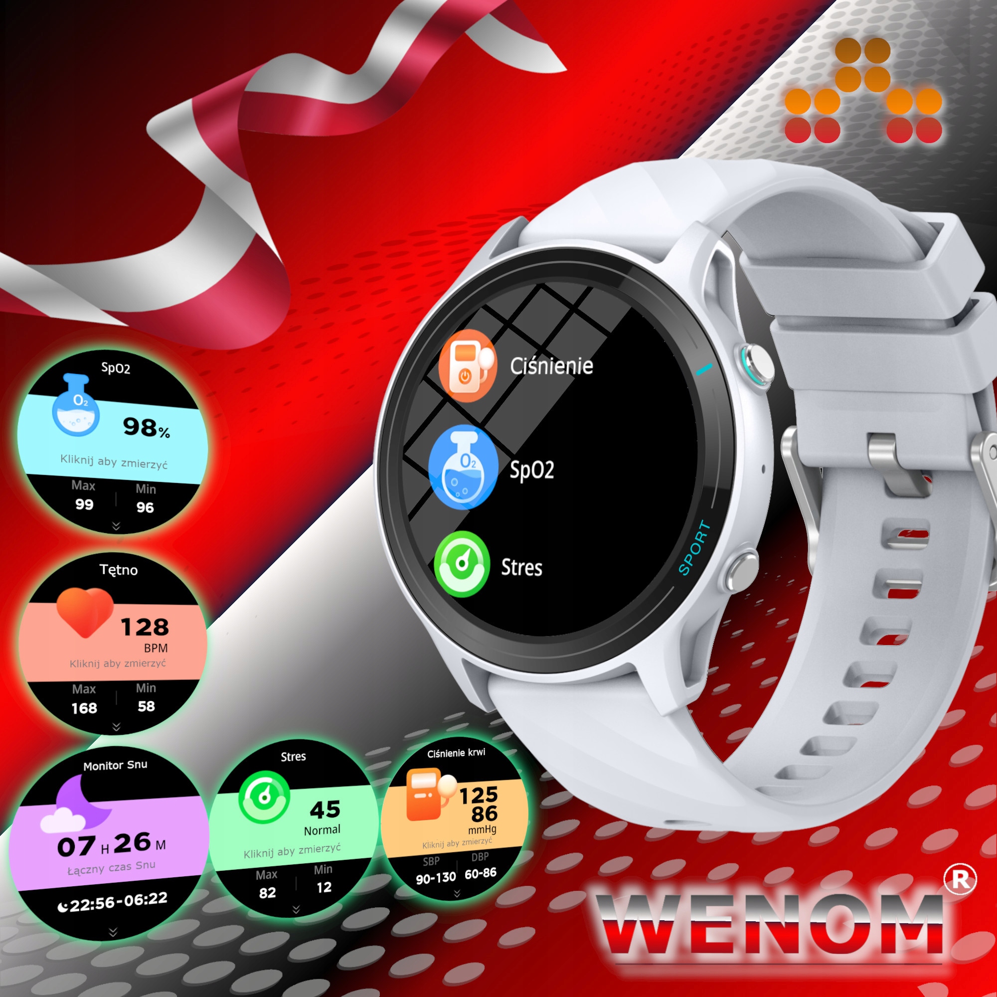 Smartwatch IP 68 Monitor zdrowia Bluetooth, Wodoodporny Menu PL ...