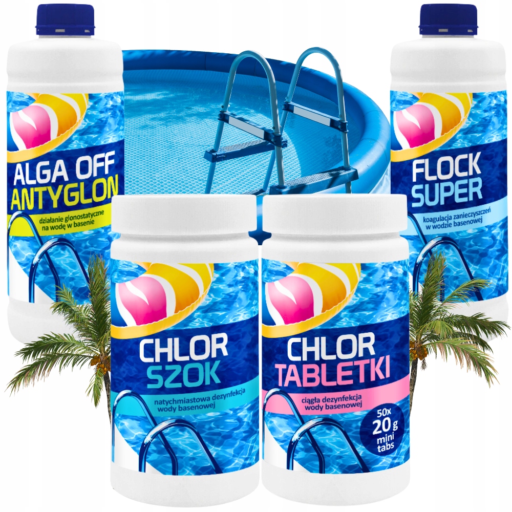 mega sada Chlor Šok + Proti řasám + Koagulant flok + Chlor v tabletách ...