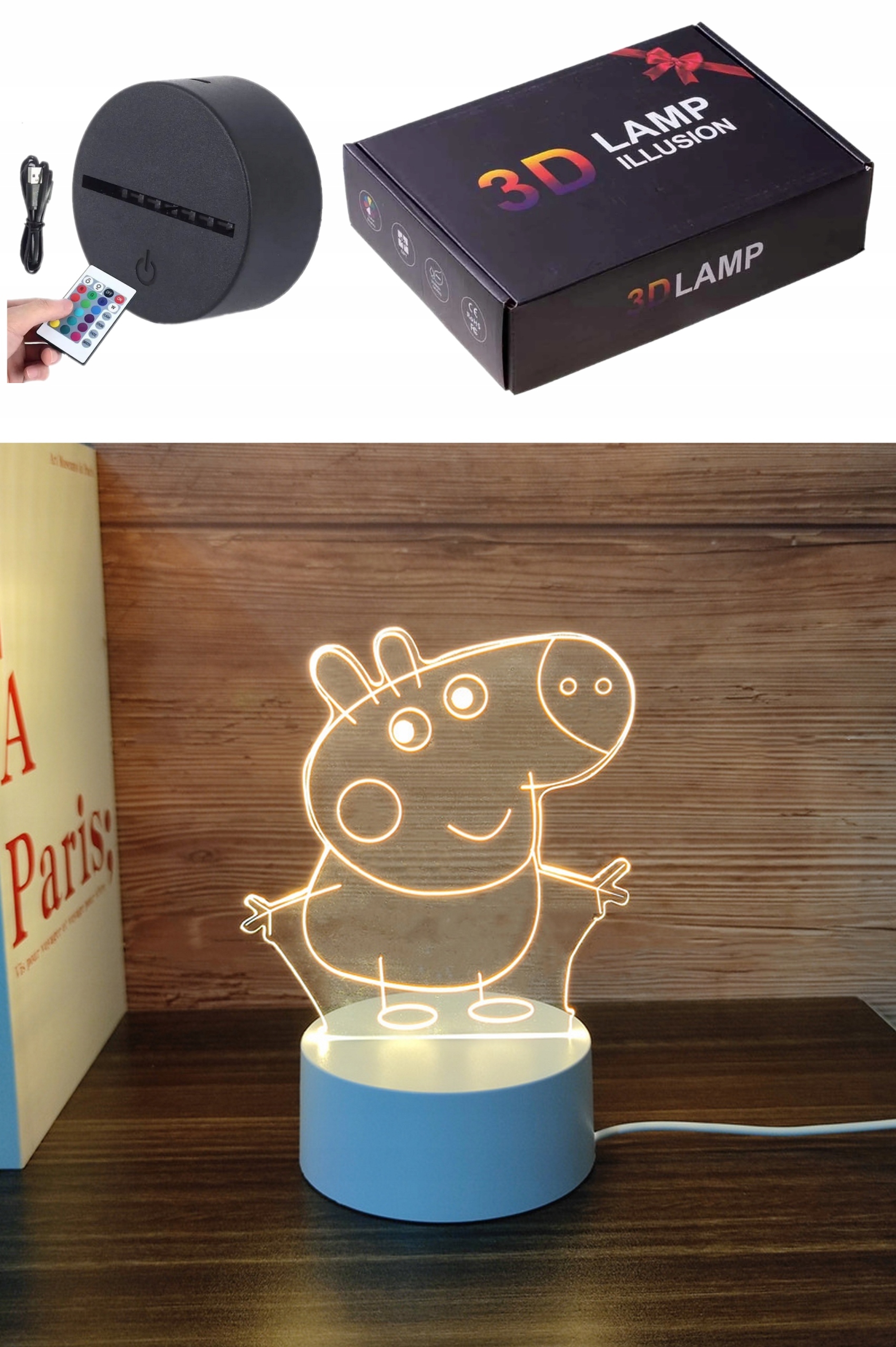 LAMPKA NOCNA NEON AKRYL DEKORACJA 3D LED HOLOGRAM RGB ŚWINKA PEPPA ...