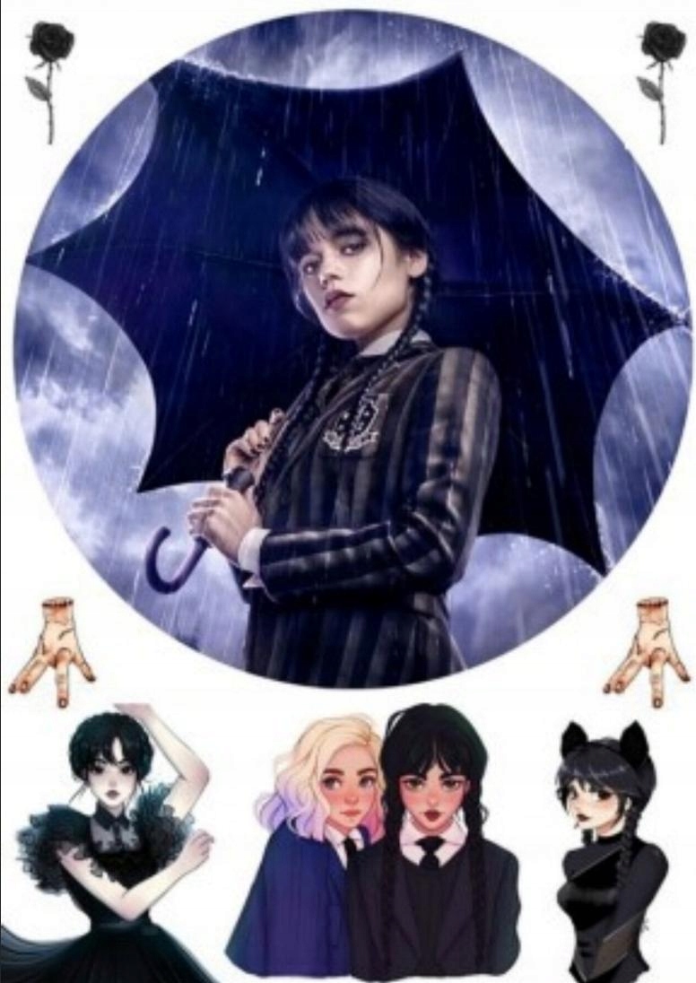 id_7669 OPŁATEK WAFLOWY NA TORT WEDNESDAY NETFLIX ADDAMS NIETOPERZ RĘKA ...