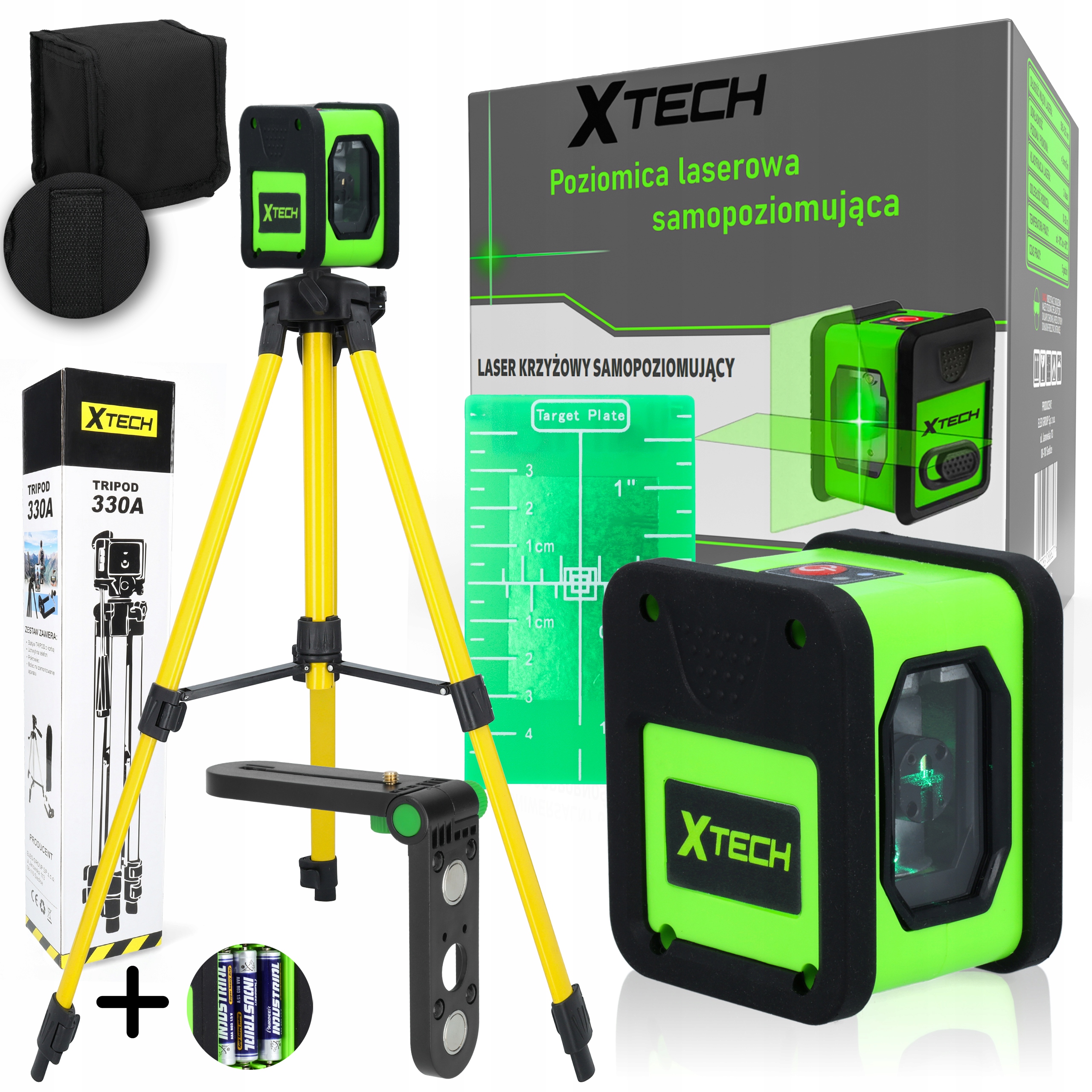 Poziomica laserowa Xtech zielona samopoziomująca 25 m 2 wiązki + statyw ...
