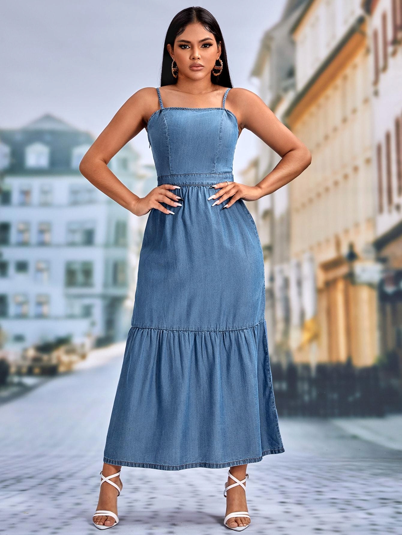 DŁUGA MAXI NIEBIESKA SUKIENKA PROSTA RAMIĄCZKA ZAMEK SHEIN 36 • Cena, Opinie • Sukienki ...