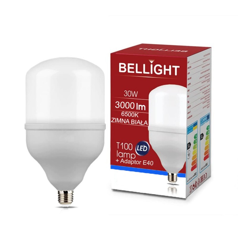 BELLIGHT LED T100 30W=300W E27 z adapterem do E40 6500K (5903089813088) • Cena, Opinie • Źródła ...