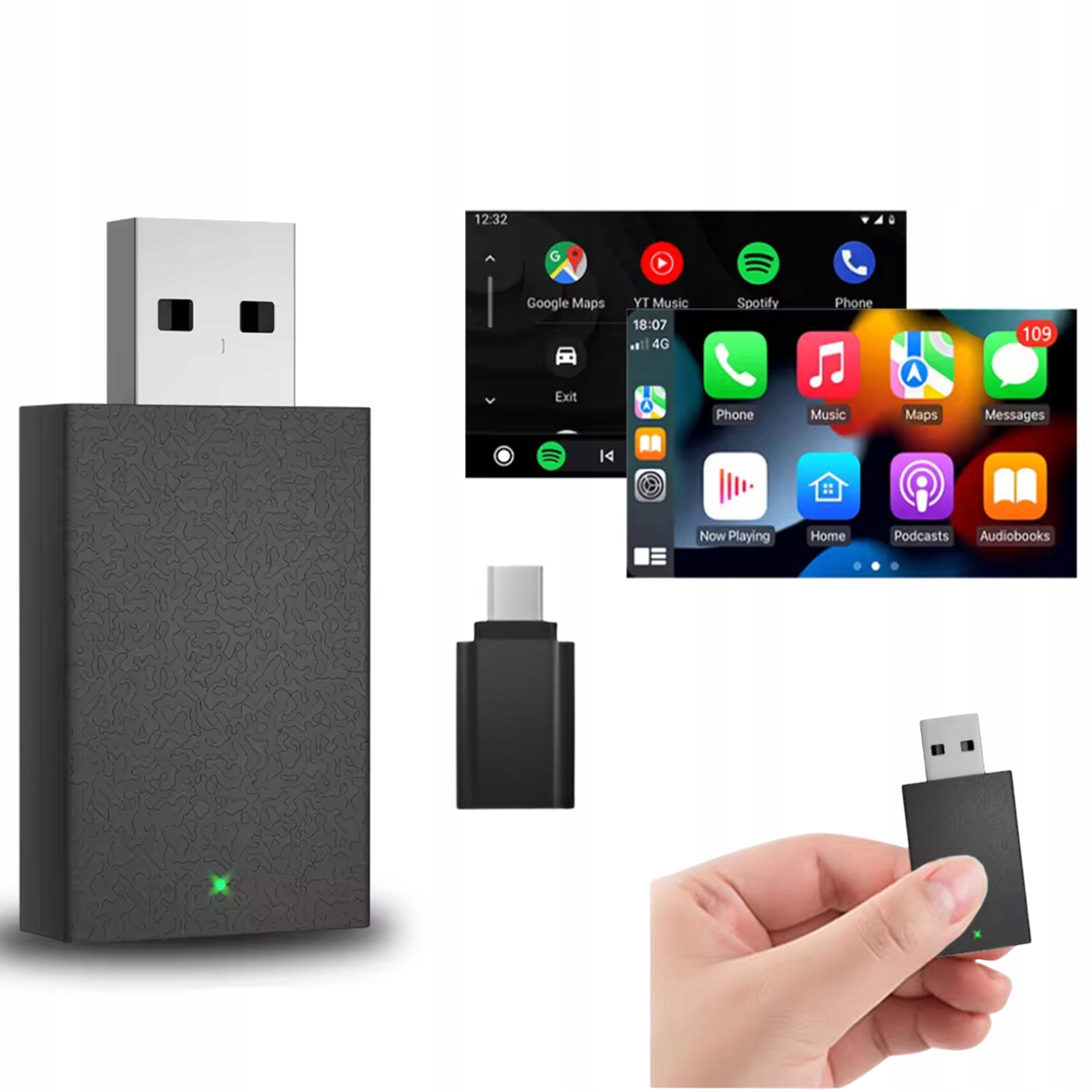 Bezprzewodowy Adapter Mini USB 2w1 CarPlay / Android Auto usb A i C ...