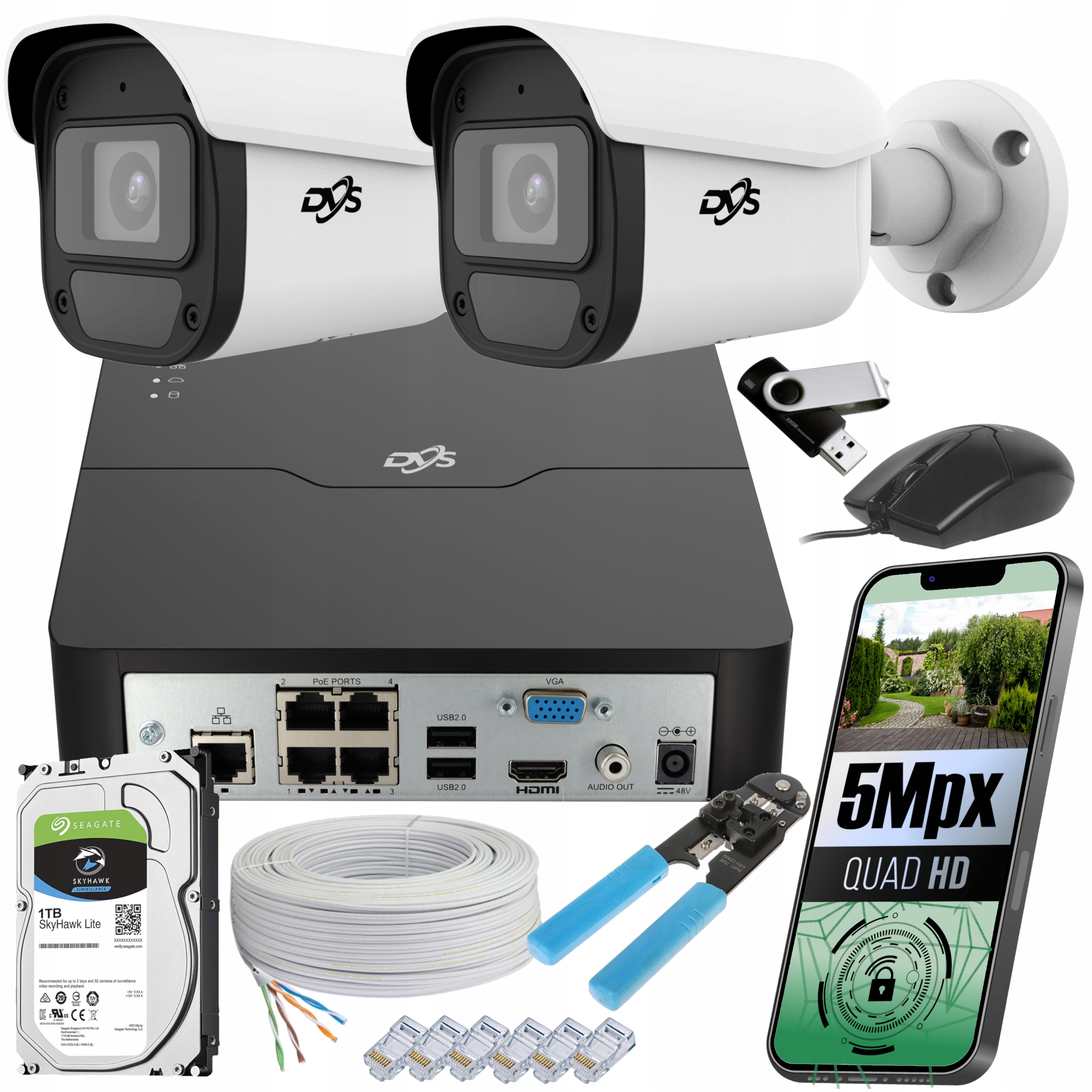 ZESTAW KAMER DO MONITORINGU 5Mpx 2 KAMERY ZEWNĘTRZNE IP POE DVS 1TB ...