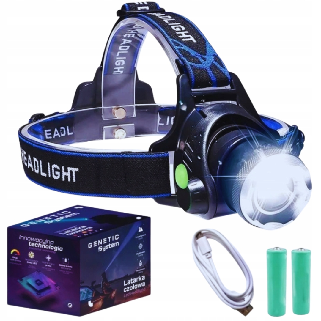 LATARKA CZOŁOWA LED WODOODPORNA CZOŁÓWKA NA GŁOWĘ MOCNA 2x AKUMULATOR ...