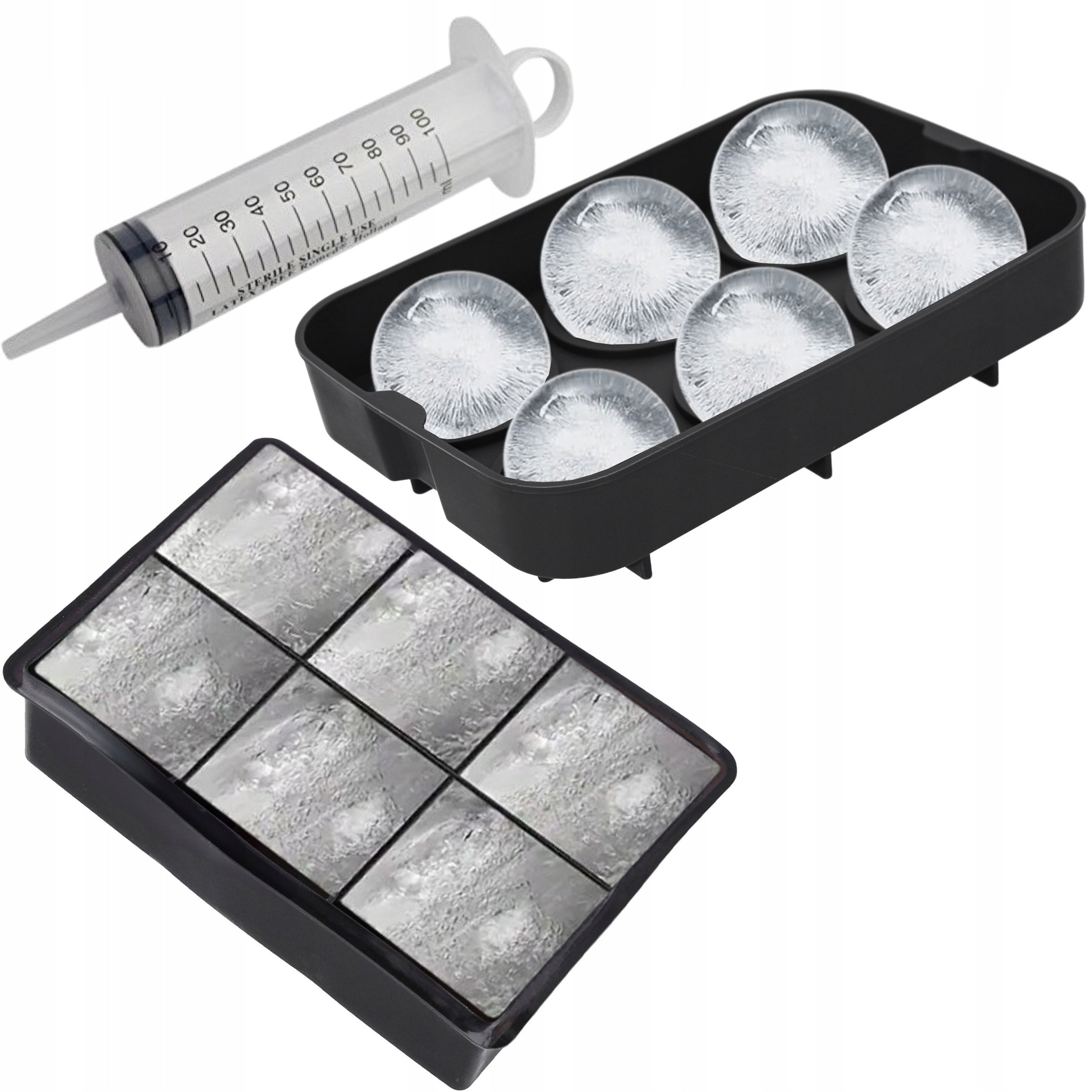 FOREMKI DO LODU silikonowe do lodu kostki kule do drinków strzykawka ...