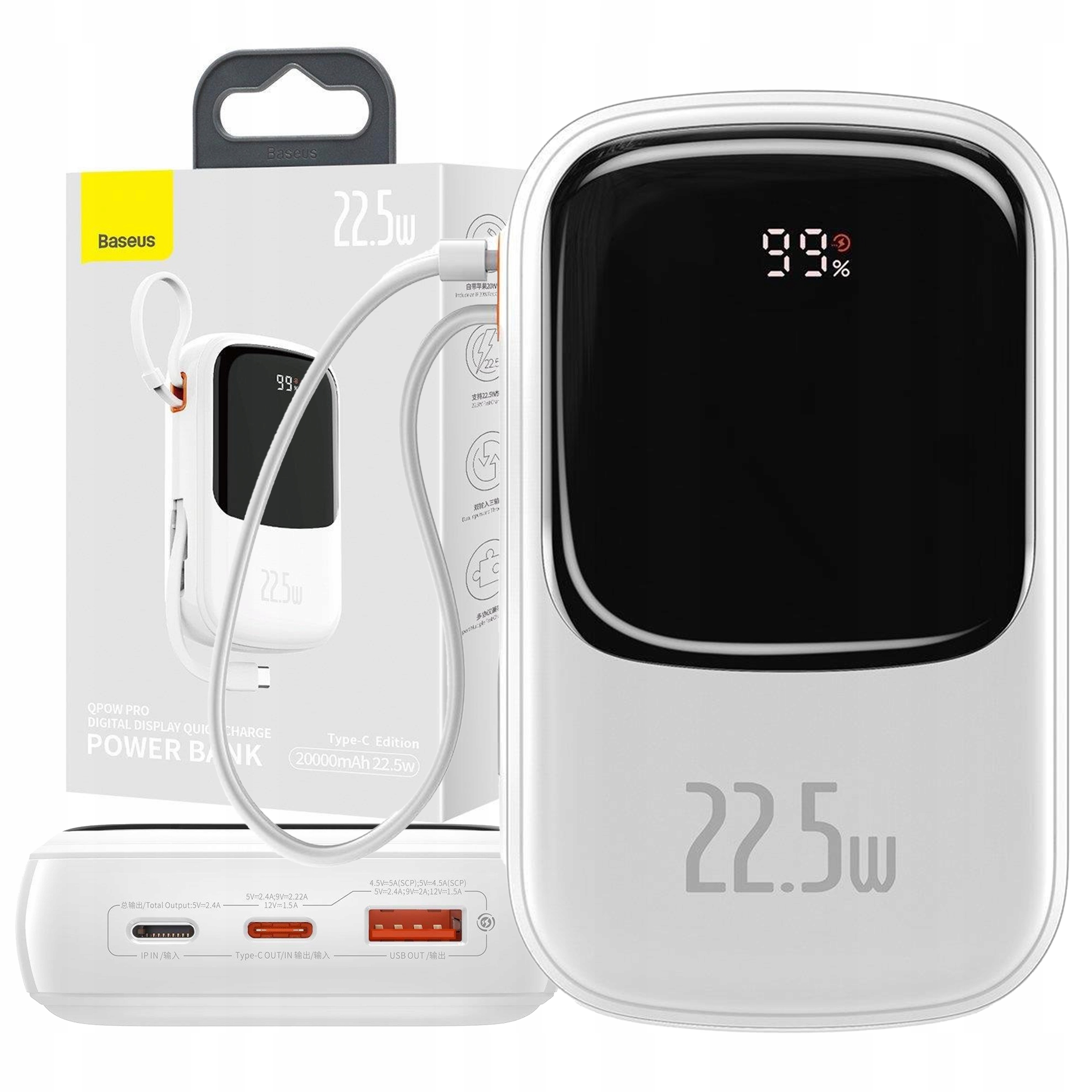 Baseus Power Bank 20000mAh Qpow Pro - USB + Typ C - PD 22,5W z kablem Typ C - Sklep, Opinie ...