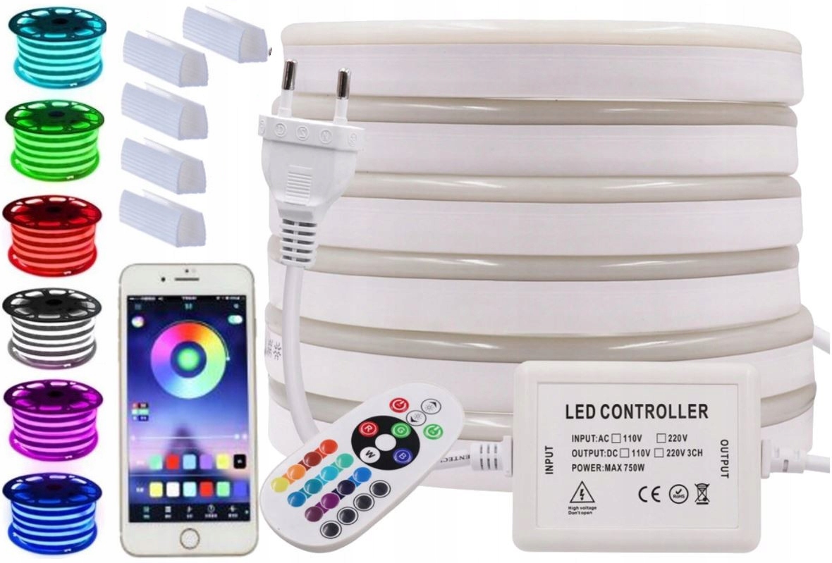 NEON LED RGB 230V ZESTAW 5m IP67 PILOT smartfon (5905141721065) • Cena ...