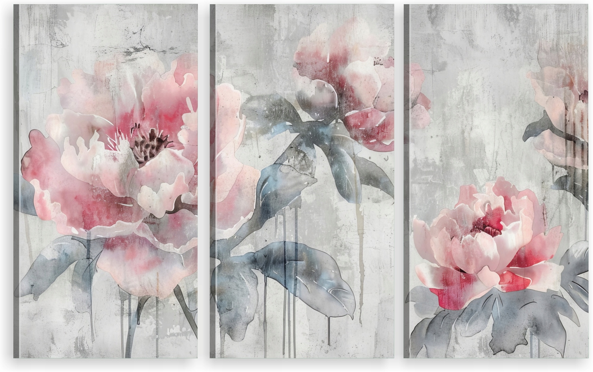 OBRAZ NA PLOTNIE TRYPTYK ścienny KWIATY JAK MALOWANE BETON DO SALONU ...