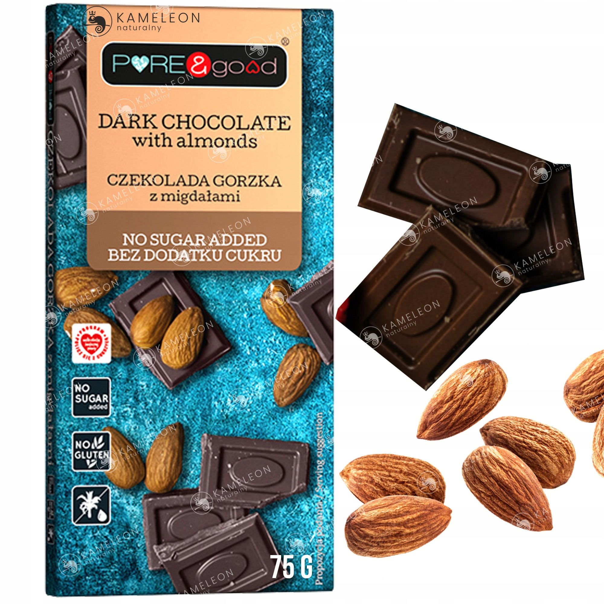 CZEKOLADA GORZKA Z MIGDAŁAMI ZE STEWIĄ bez CUKRU GLUTENU 75g KETO Pure ...