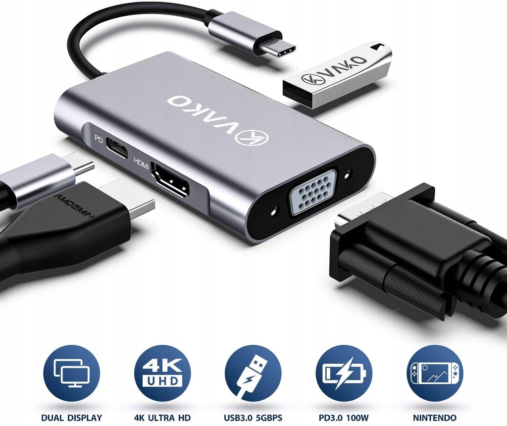 Adaptér HUB USB-C 4v1 HDMI 4K VGA USB 3.0 PD 100W za 15.26EUR - Allegro