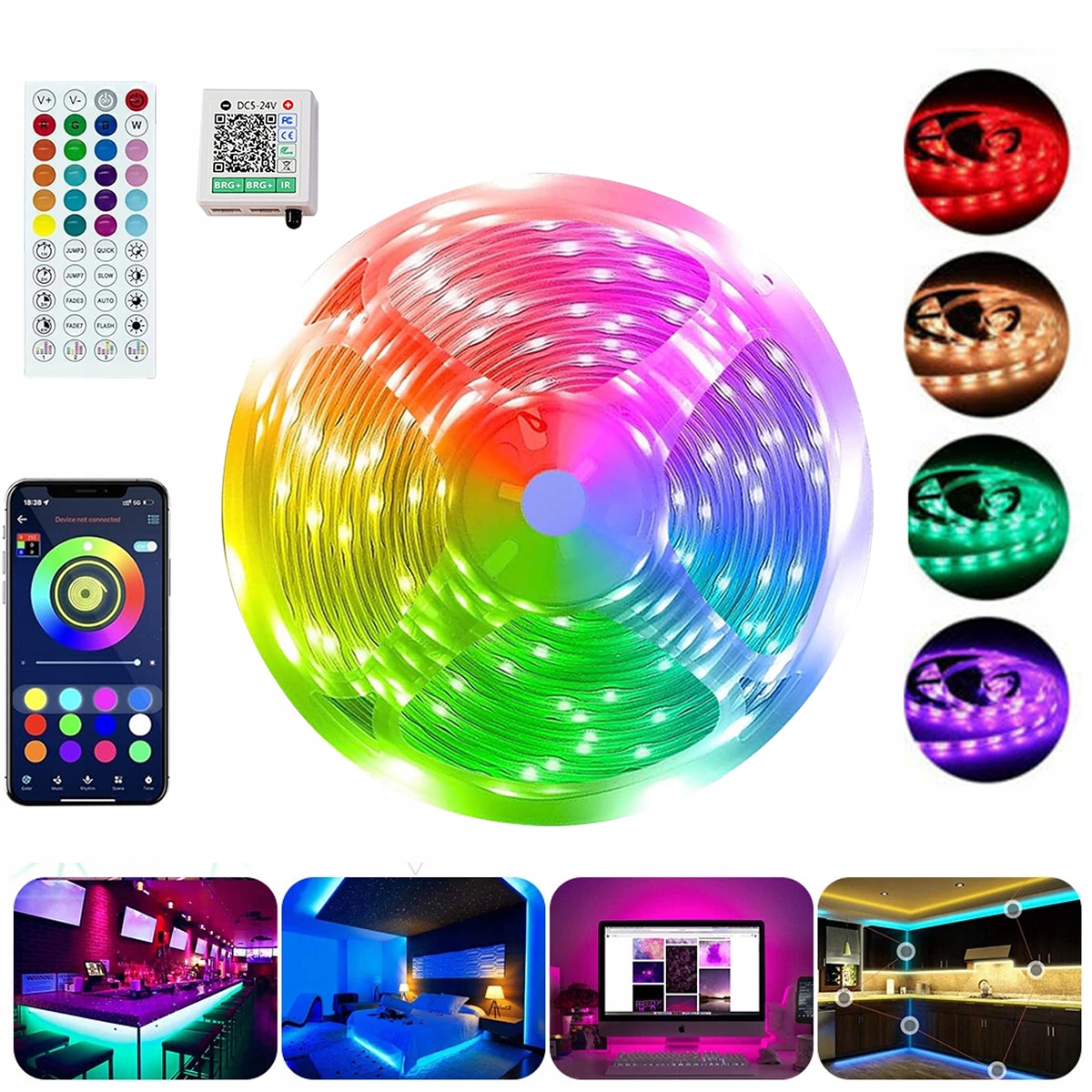 TAŚMA LED RGB 10M LEDY 240v 24v z PILOTEM Bardzo mocna ZESTAW ...