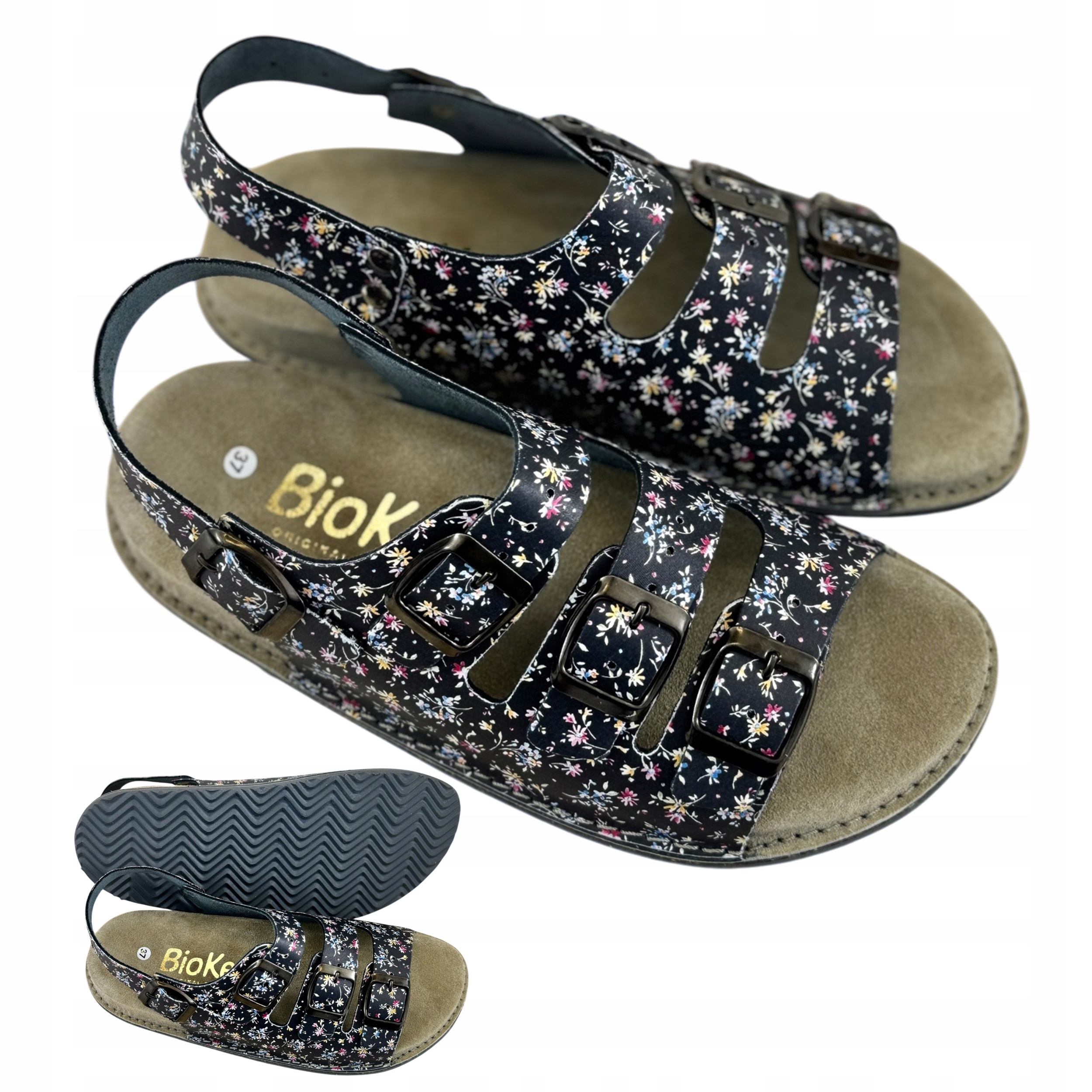 SANDAŁY Ortopedyczne MEDYCZNE SKÓRA NATURALNA KWIATY BIOKEN Regulowane r.43 (5907177514550 ...