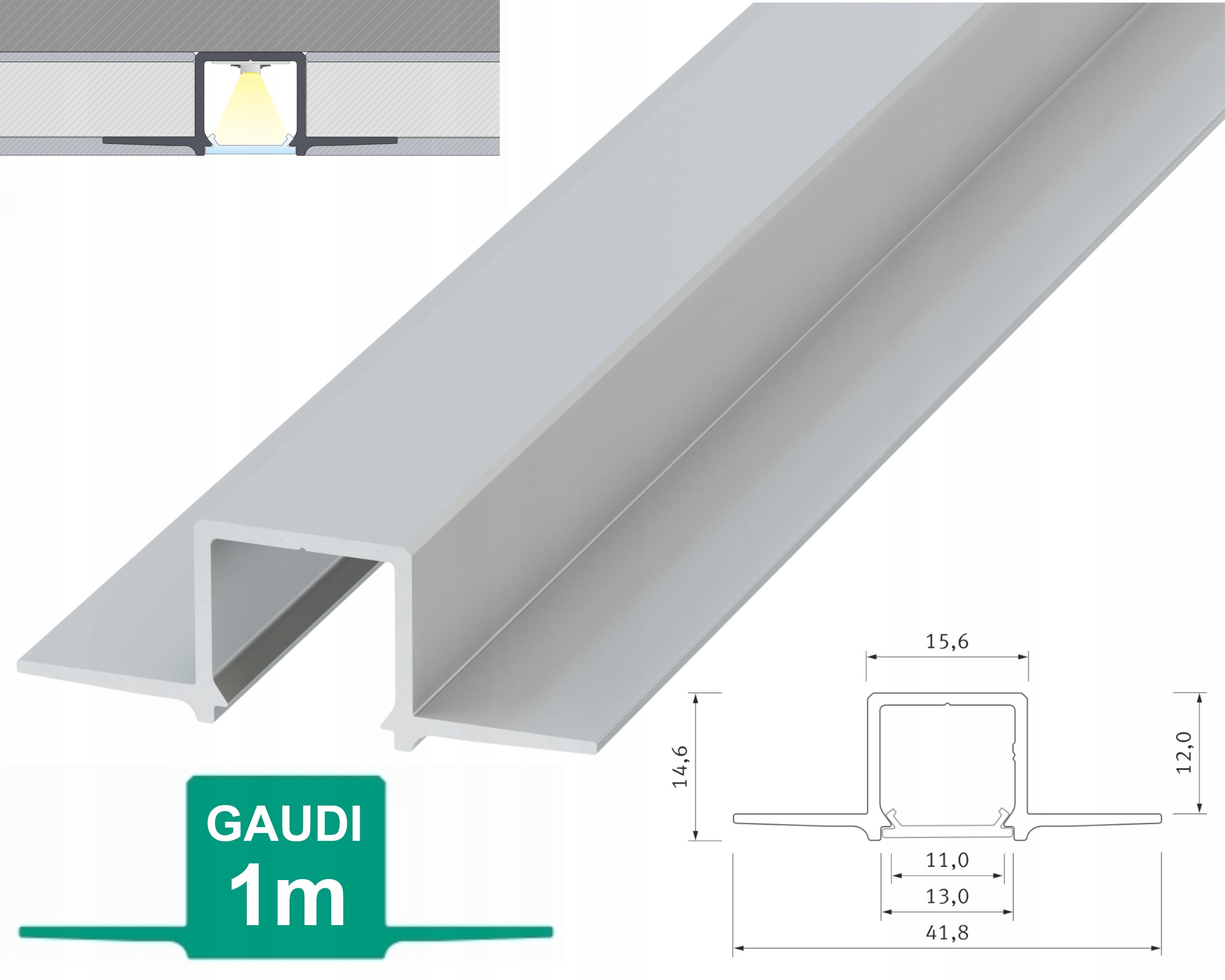 PROFIL LED GK DO PŁYT GIPS KARTON TYP GAUDI SREBRNY 1M ALU WPUSZCZANY ...