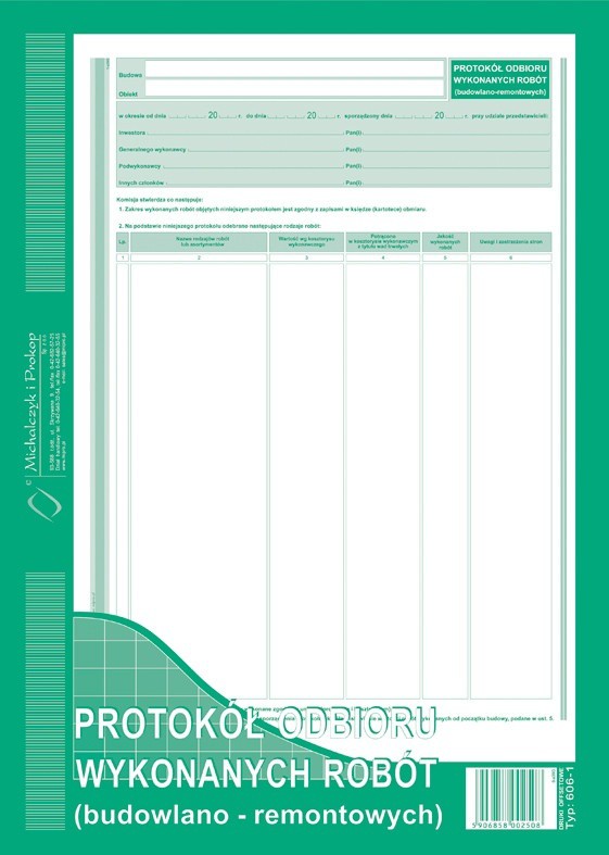 DRUK PROTOKÓŁ ODBIORU WYKONANYCH ROBÓT A4 606-1 (606-1) • Cena, Opinie ...