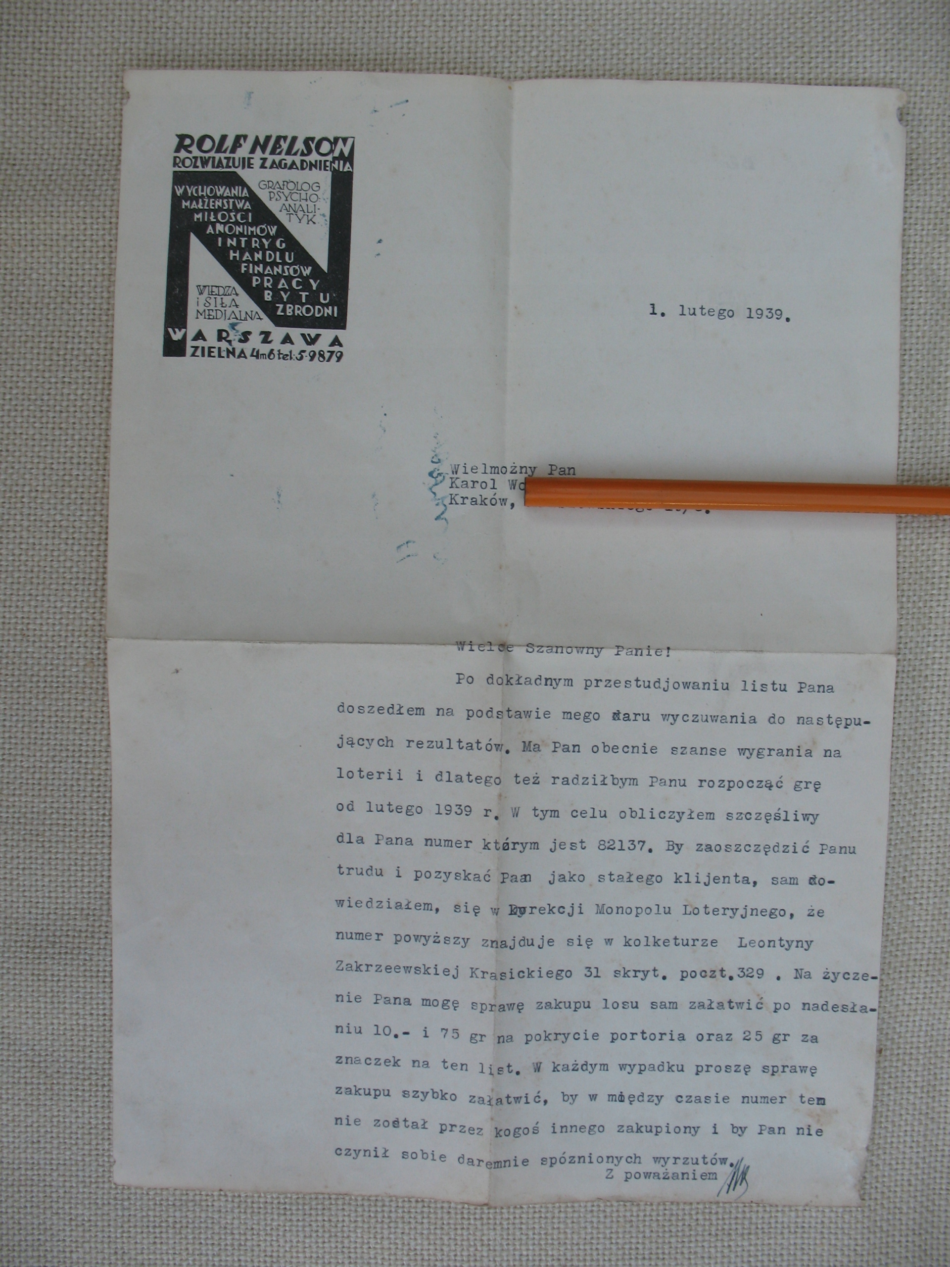 POLSKI MONOPOL LOTERYJNY WARSZAWA JASNOWIDZ PSYCHOANALITYK PISMO 1939 ...