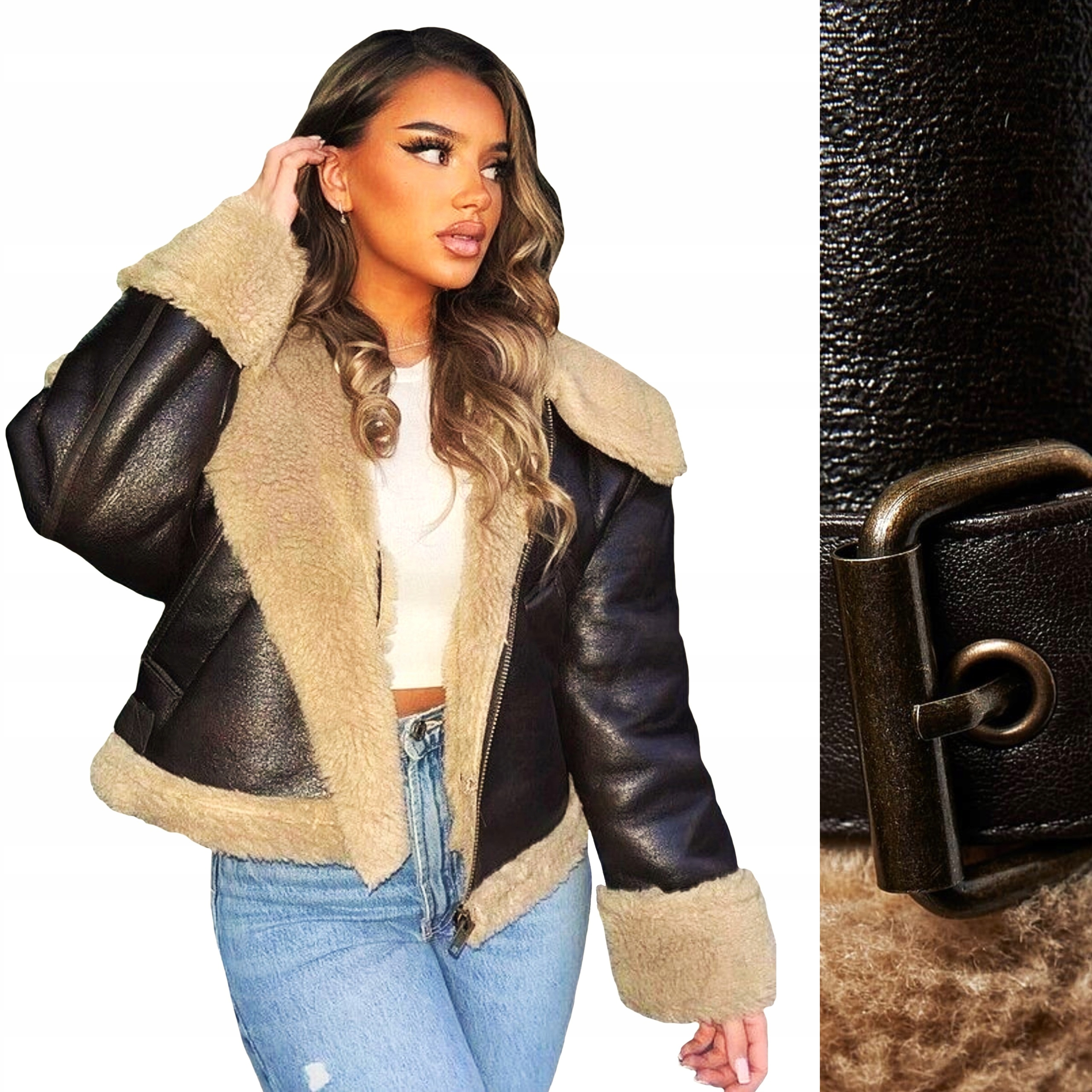 Zara Brązowa Dwuwarstwowa Kurtka Biker Kożuszek Blogerek Pilotka XS (S ...