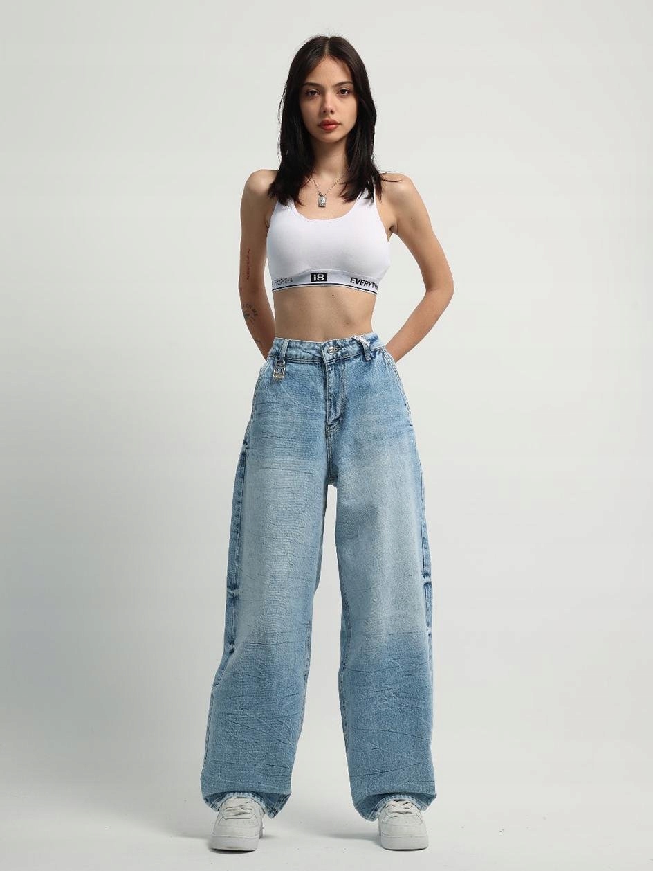 SZEROKIE Spodnie DAMSKIE Jeansowe Baggy Z Przetarciami Sprane ...