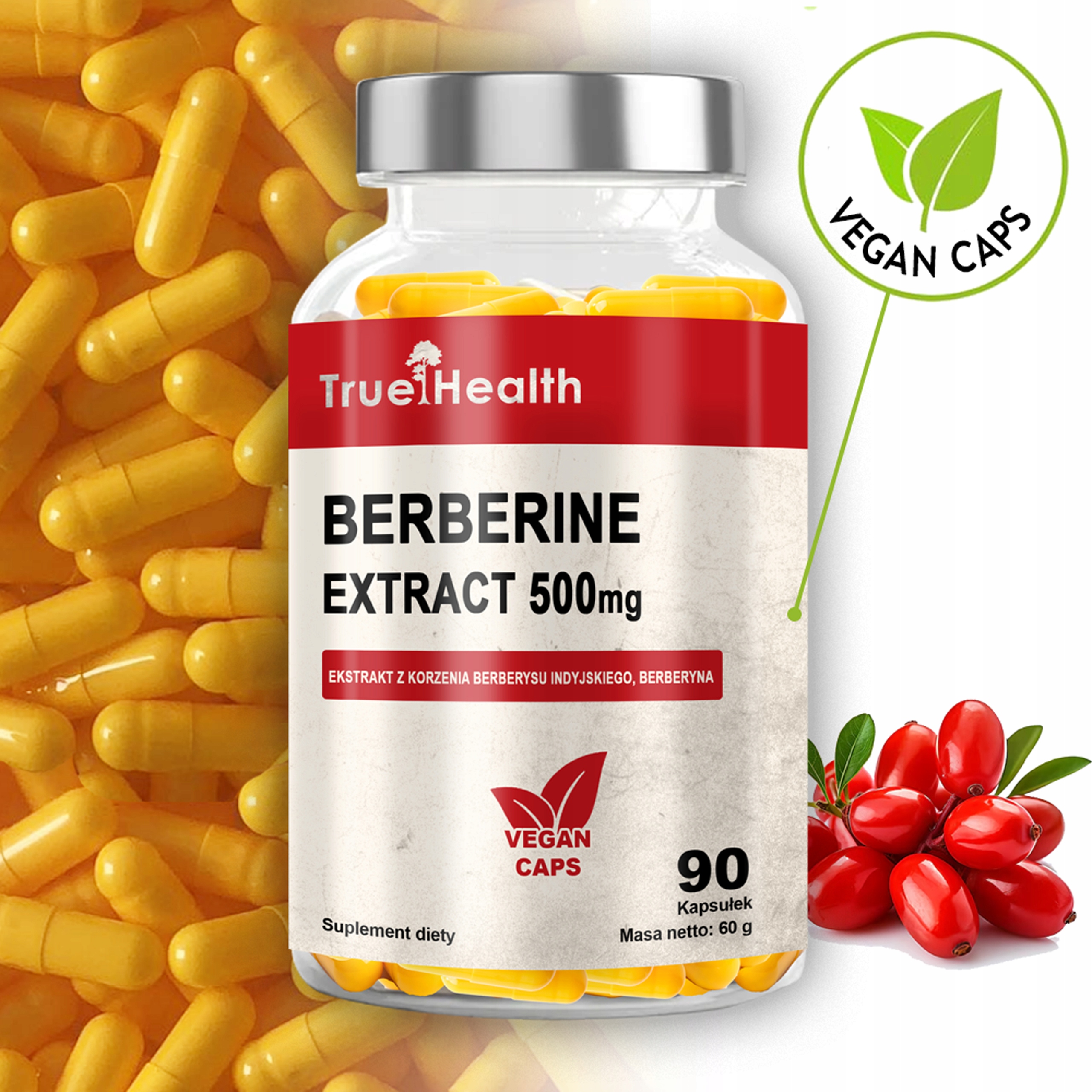 BERBERIN 90 kapslí VEGE BERBERINE EXTRACT 500 mg DŘIŠŤÁL CUKR TRUE HEALTH - Allegro