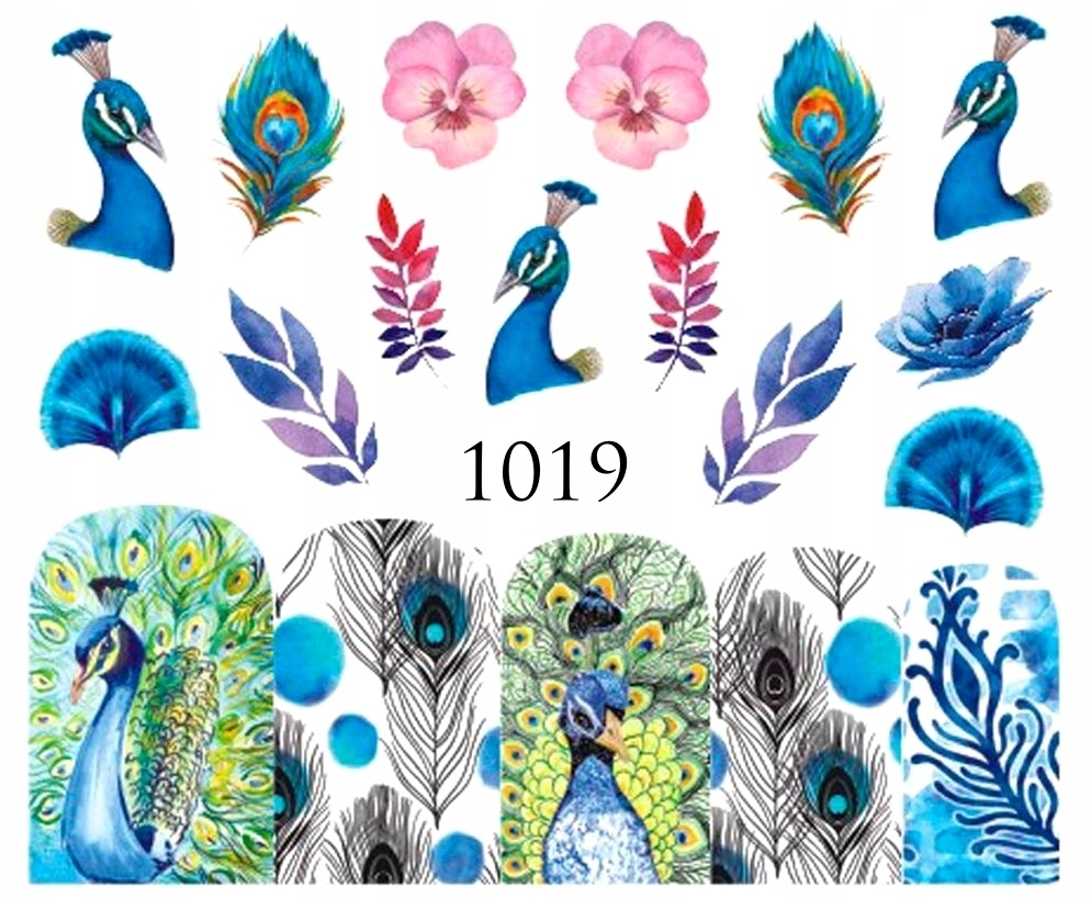 Vízálló körömmatrica, díszítő SZÍNES PÁVA, VIRÁGOK - No.1019 za 360 ...