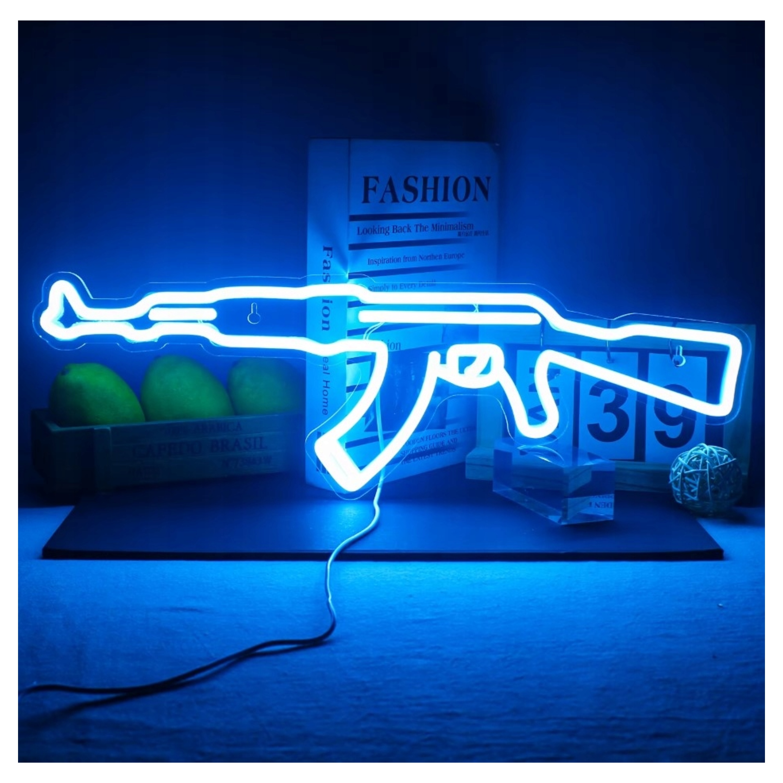 DUŻY NEON LED AK47 KARABIN 40x14 DLA GRACZA LAMPKA NOCNA NIEBIESKI ...