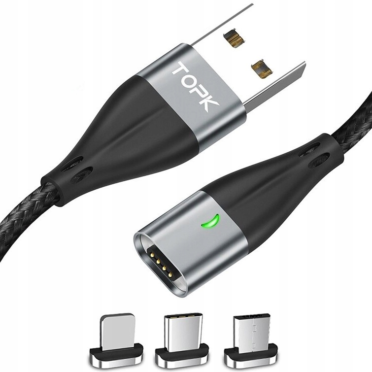 Kabel magnetyczny 3w1 USB do USB C Lightning micro USB TOPK 1m szary - Sklep, Opinie, Cena w Allegro