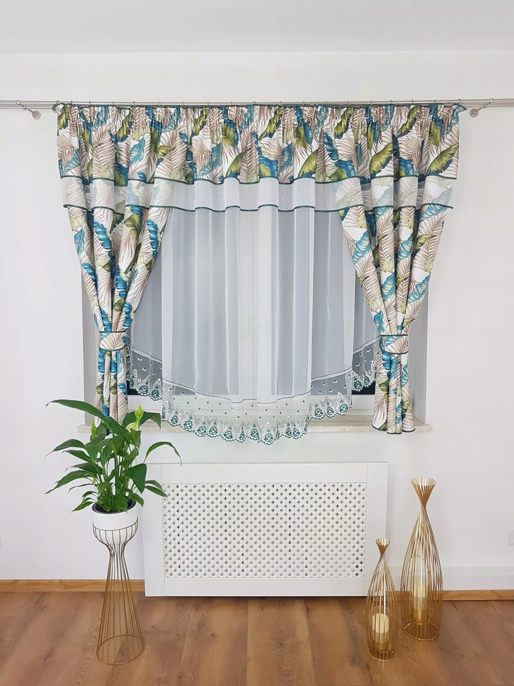 FIRANKA GOTOWA Z ZASŁONAMI I HAFTEM ZIELONE LIŚCIE FIRANKI DO KUCHNI ...