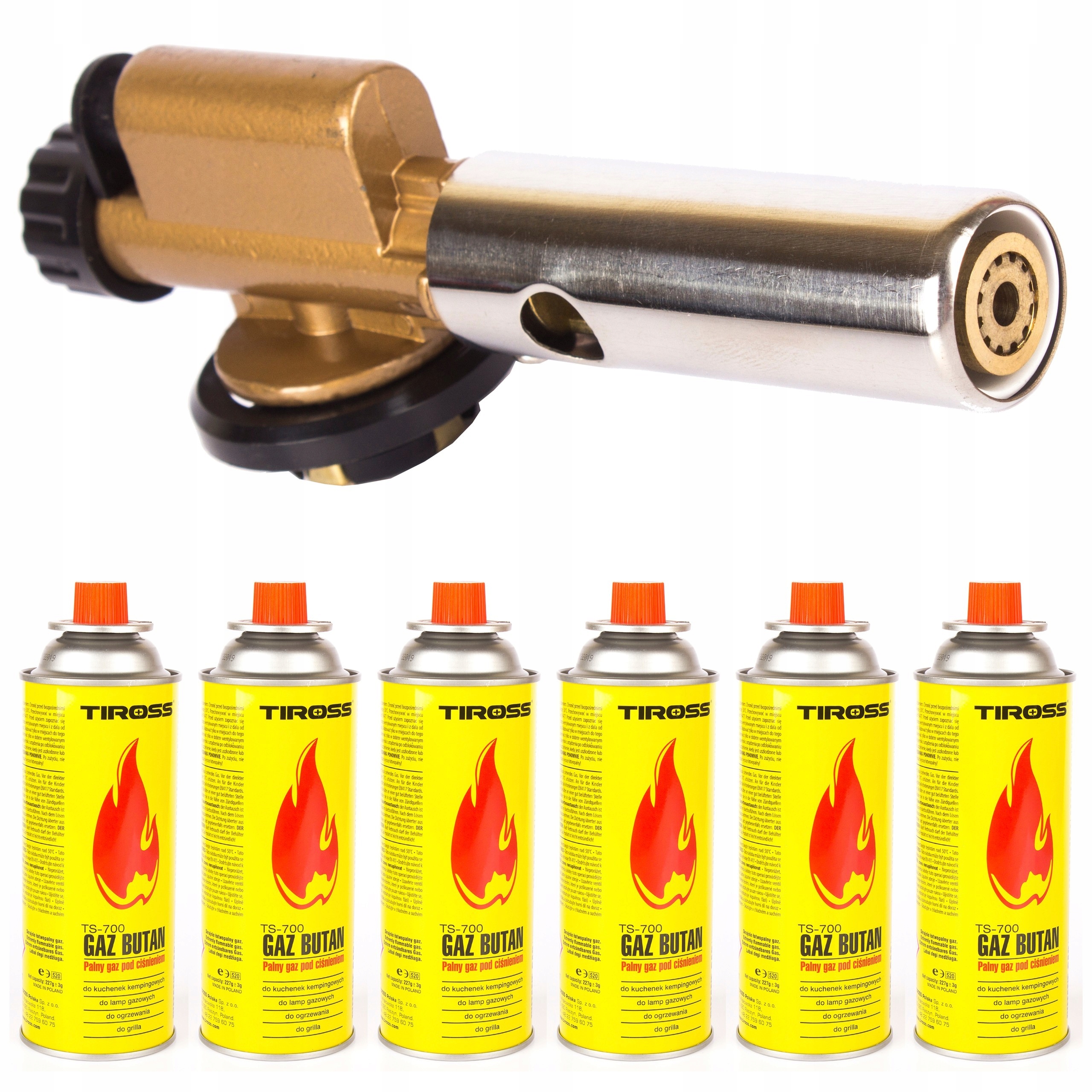 LITINOVÝ PLYNOVÝ HOŘÁK Z KOVU NA KARTUŠE MOSAZ LUTLAMPA +6 KARTUŠÍ PLYN ...