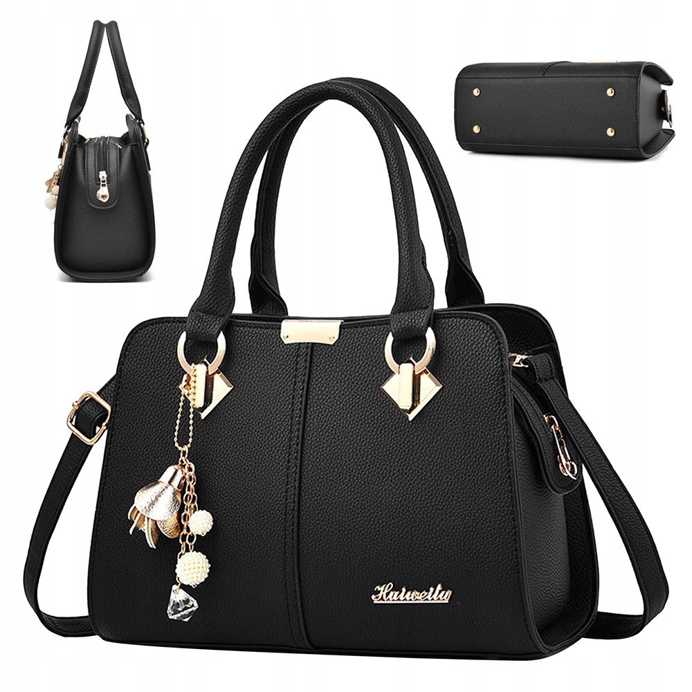 SKÓRZANA POJEMNA TORBA SHOPPER NA RAMIĘ DAMSKA MIELSKA TOREBKA BRELOK CZARNA (4895151990715 ...