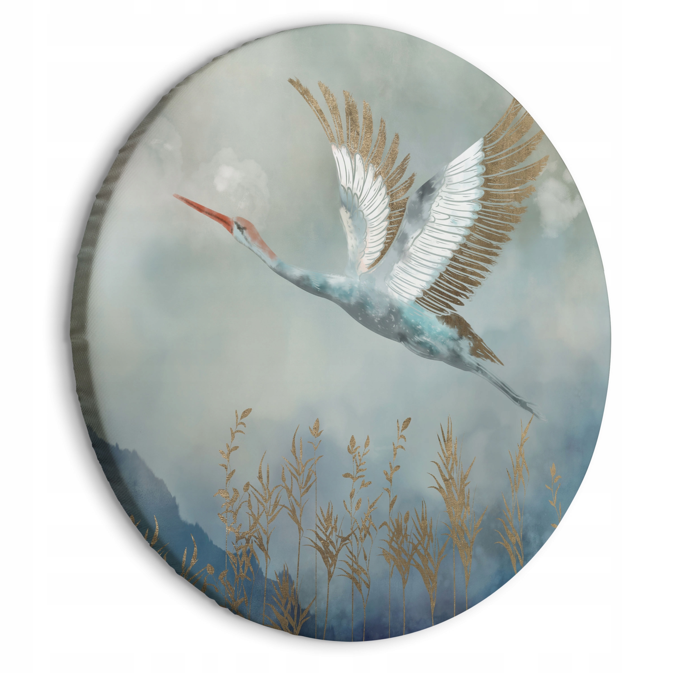 OKRĄGŁY OBRAZ NA PŁÓTNIE CZAPLA W LOCIE GÓRY KRAJOBRAZ NATURA SALON ...