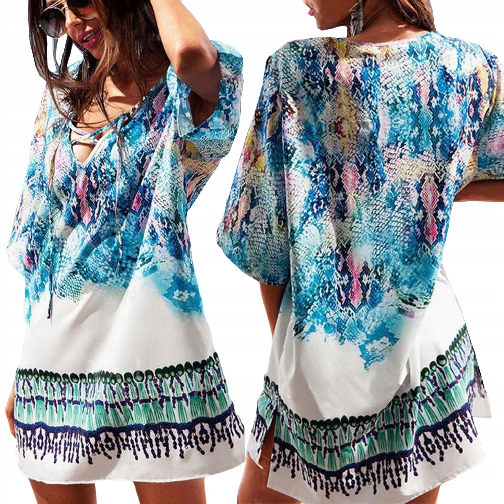 LETNIA TUNIKA PLAŻOWA SUKIENKA DAMSKA PLAŻOWE PAREO NARZUTKA BOHO NA ...