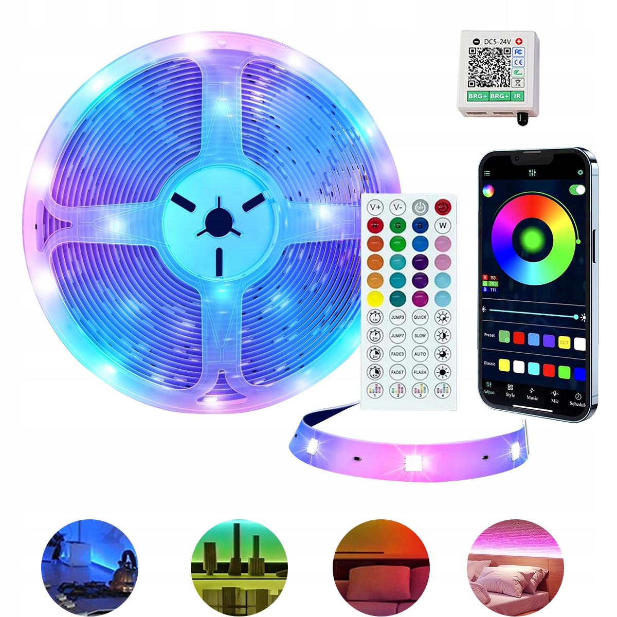 Taśma LED 15M RGB LEDY Pilot APLIKACJA Bluetooth MUZYKA 24V Zestaw ...