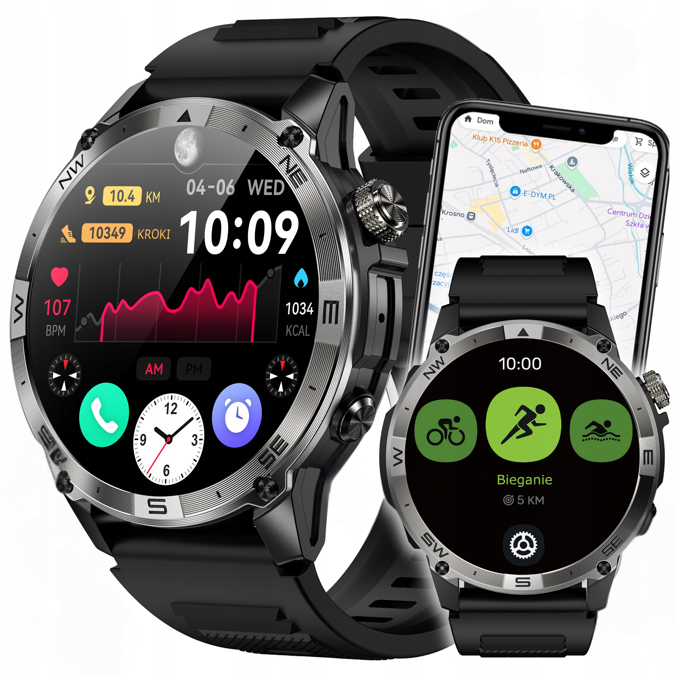 SMARTWATCH ZEGAREK MĘSKI GPS WODOODPORNY ROZMOWY MENU PL CZARNY SPORT ...