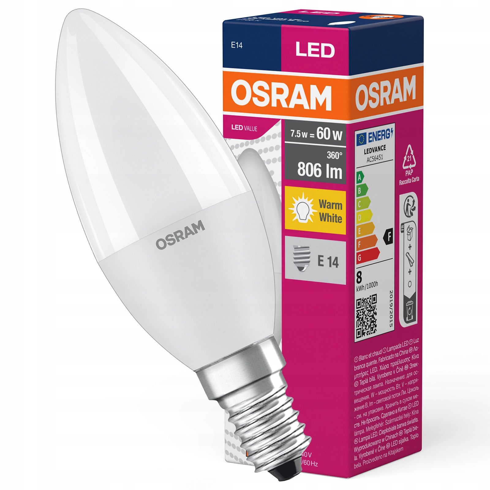 Żarówka LED ŚWIECZKA E14 B60 7,5W 60W 806lm 2700K CIEPŁA OSRAM (4058075152915) • Cena, Opinie ...