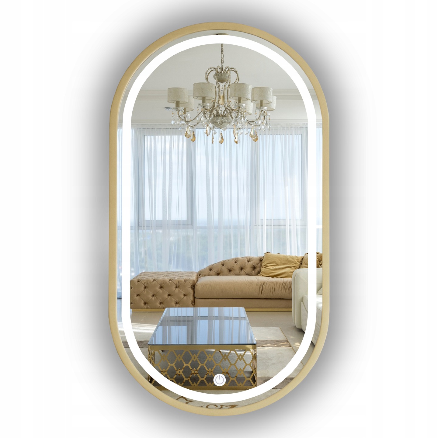 LUSTRO LED W ZŁOTEJ RAMIE ŁAZIENKOWE OWALNE 90x55 CM + Włącznik ...