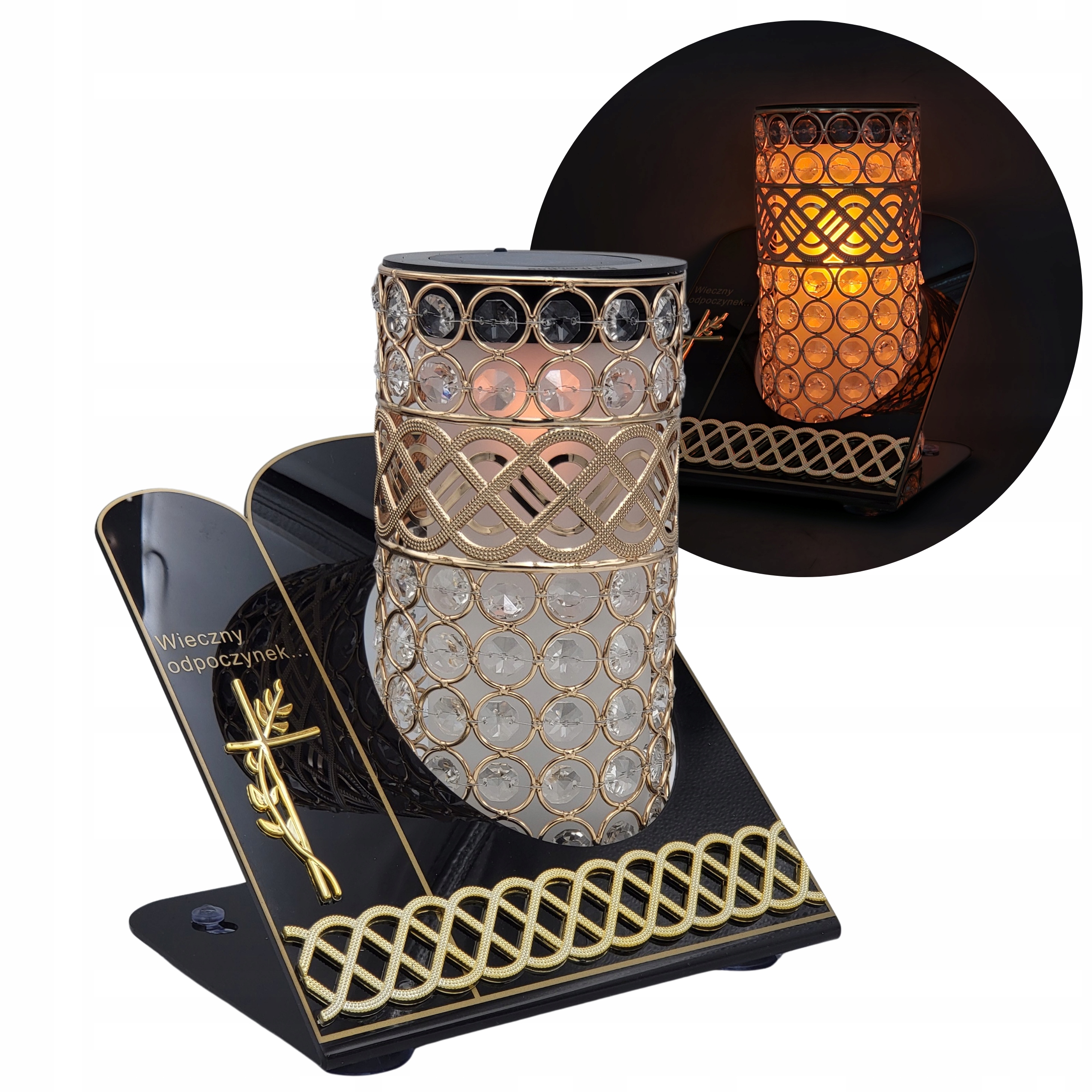 Ekskluzywny Znicz SOLARNY LED Lampion na Grób Premium Złoty Witraż ...