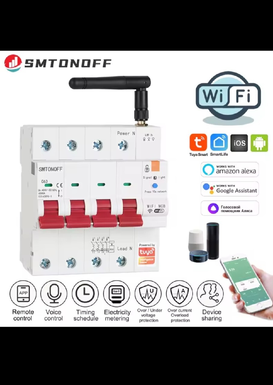 Bezpiecznik 3 Fazy Wyłącznik WiFi 4P Tuya 63A 6KV Pomiar Energii ...