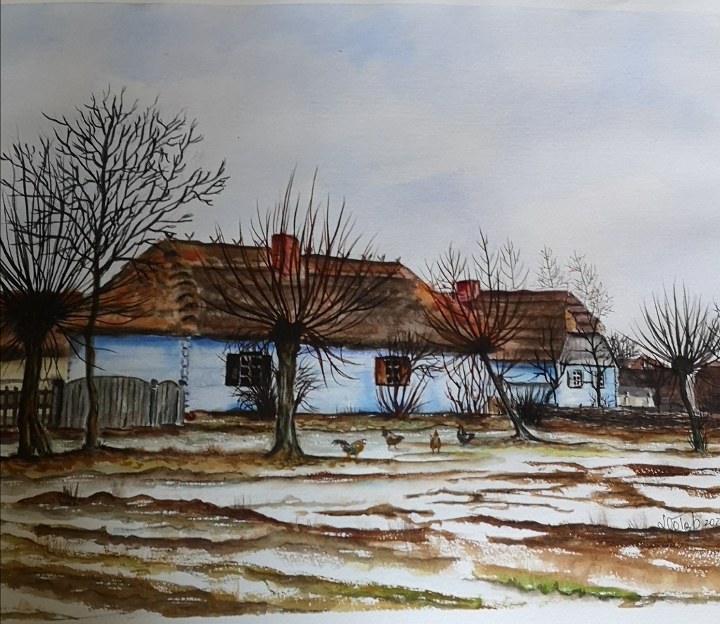 Prezent choinka akwarela obraz wiosna wieś | Opole | Kup teraz na ...