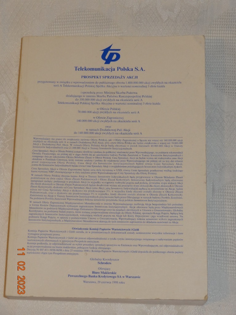 Prospekt emisyjny Telekomunikacja SA TPSA | Poznań | Licytacja na Allegro Lokalnie