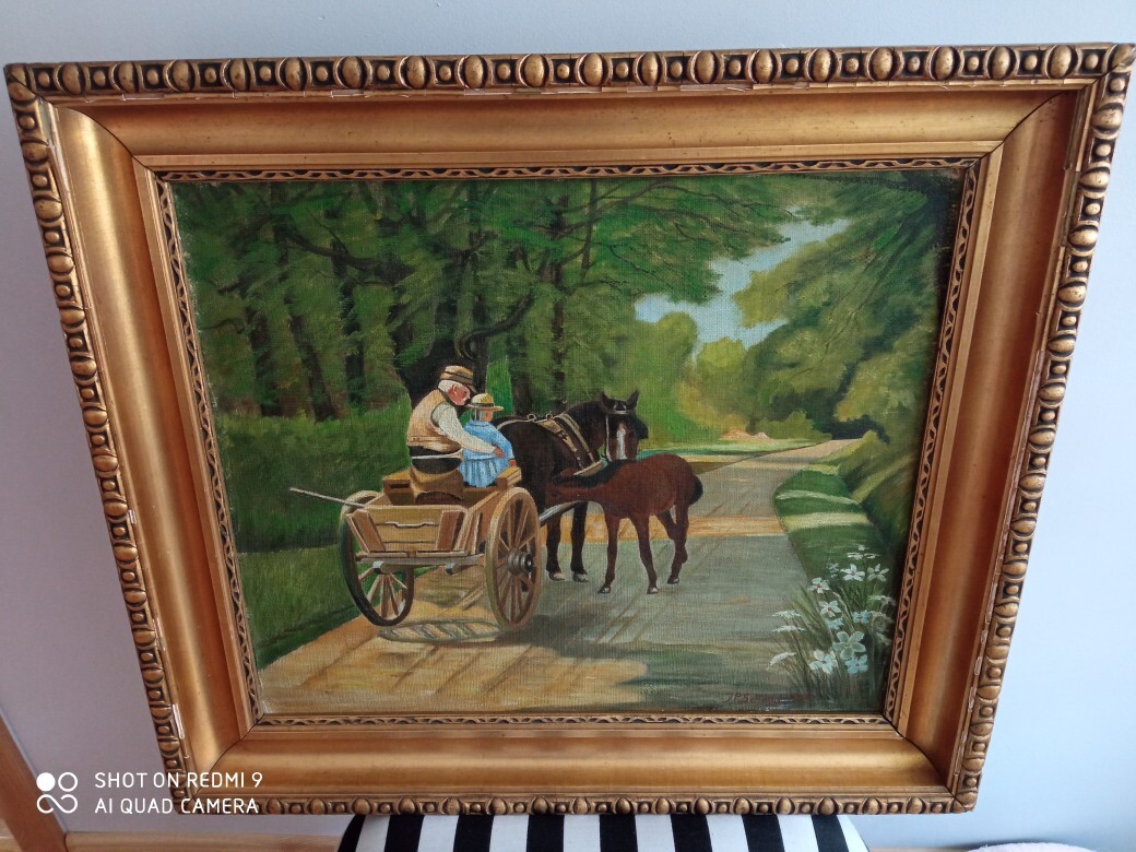 STARY OBRAZ OLEJNY DZIADEK Z WNUCZKĄ 1920 R. | Lipno | Licytacja na ...