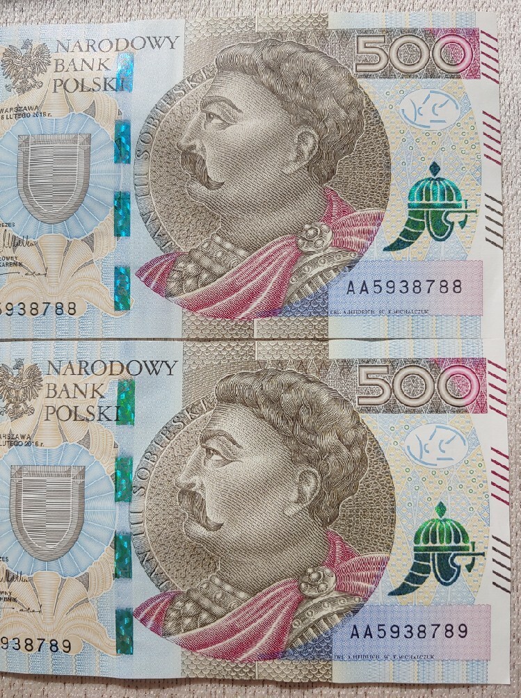 Banknoty PLN 2x 500 zł seria AA dwa kolejne nr !! | Skarżysko-Kamienna ...