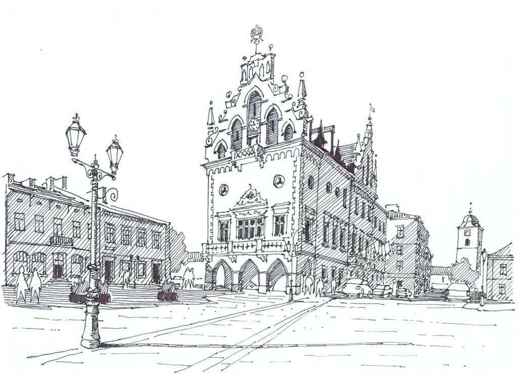 UNIKAT rysunek Rzeszów ratusz rynek grafika PZU | Warszawa | Licytacja ...