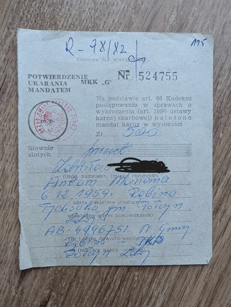 Mandat karny wymuszenie pierwszeństwa milicja PRL potwierdzenie do akt ...